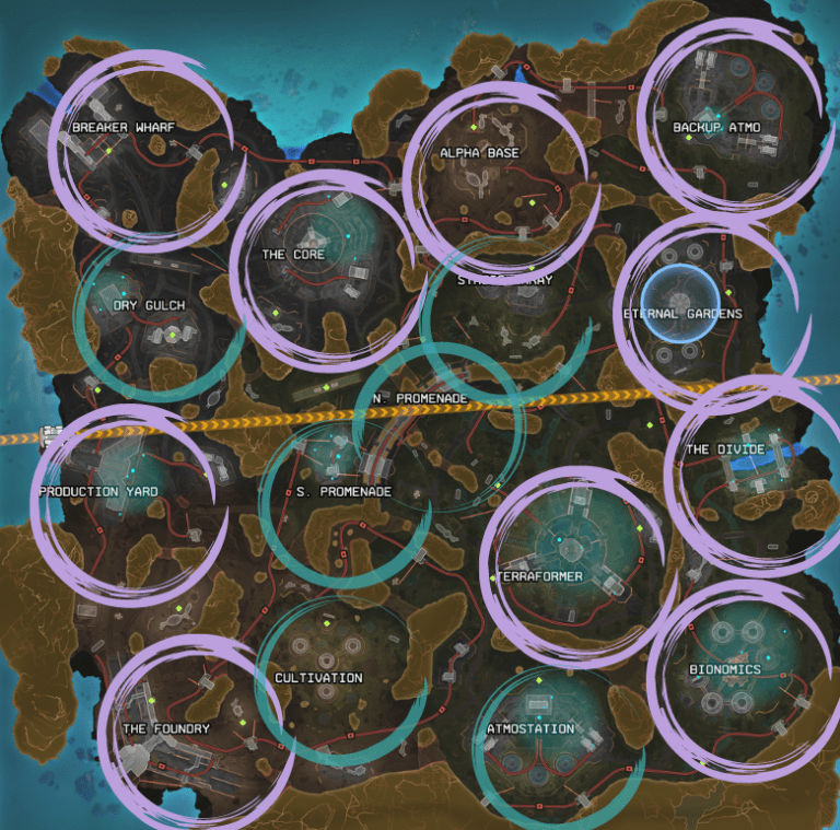 High-tier loot zones are circled in purple, mid-tier loot zones circled ...