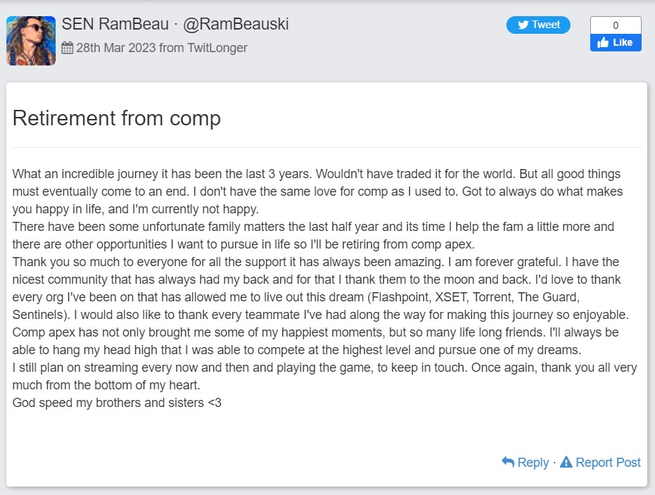 Apex Legends Pro Player RamBeau Retires from Competitive Scene - Prima ...