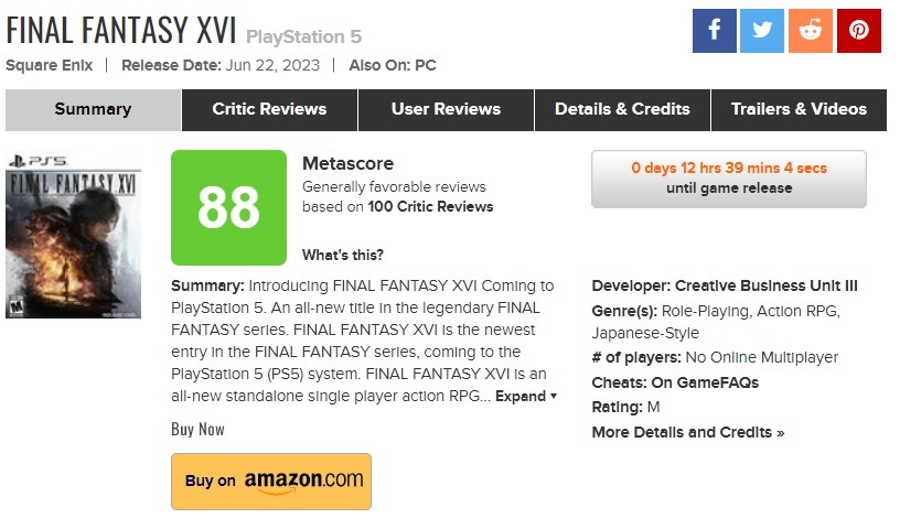 Final Fantasy XVI Metacritic Score Revealed - Prima Games
