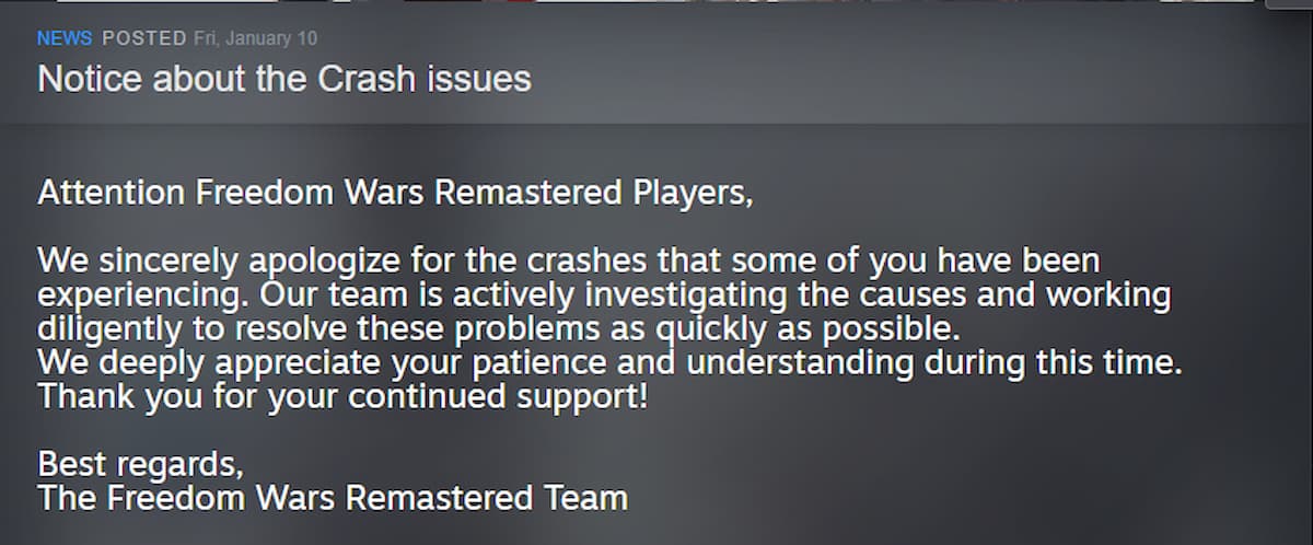 Freedom Wars Remastered Crashing Workaround for PC