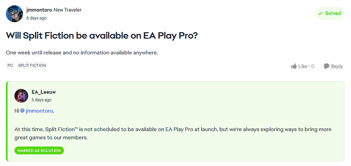 Split Fiction Is Not Coming to EA Play Pro